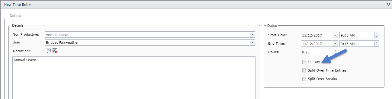 Create a time entry or appointment over multiple work days