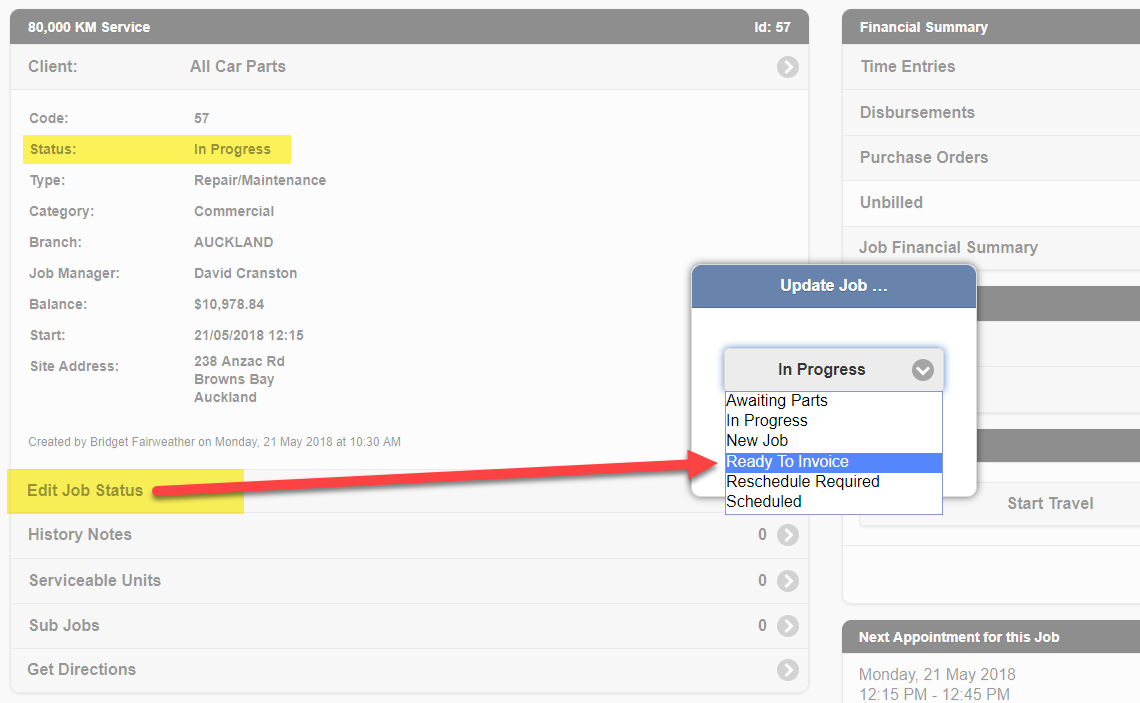 Edit Job Status Feature